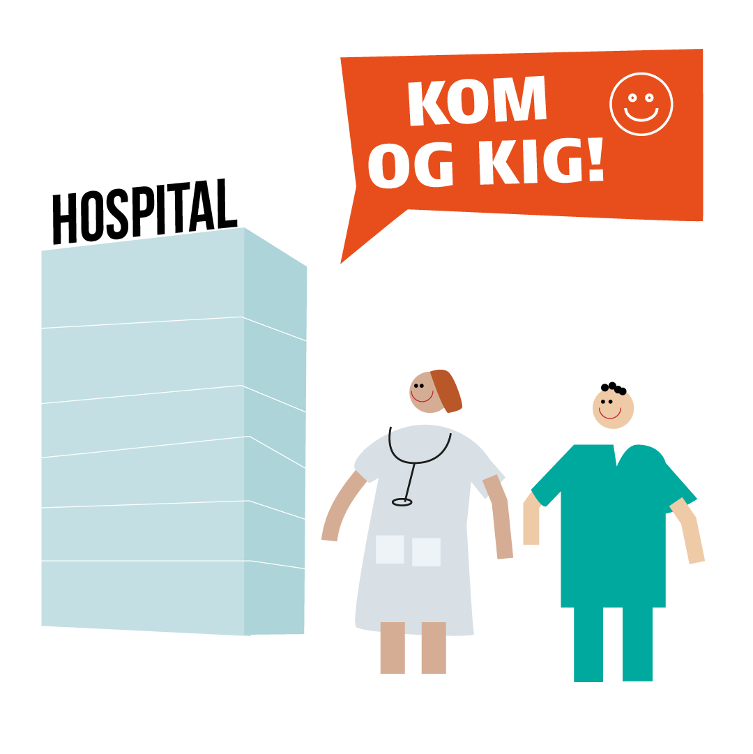 Kraner, to medarbejdere og ''Kom ind og kig!''-skilt